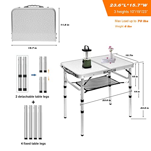 Folding Table Small Lightweight Portable Aluminum Camping Table Mini Foldable Table with Adjustable Height Legs for Picnic Cooking Beach, 2ft and 3 Heights
