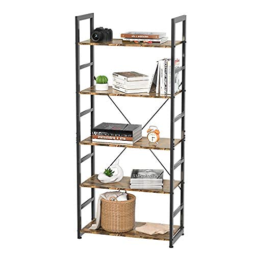 Foxemart Bookshelf, 5 Tier Shelf Bookcase Modern Standing Rack, Wooden and Metal Open Shelves Organizer for Home Office Living Room, Rustic Brown, Large