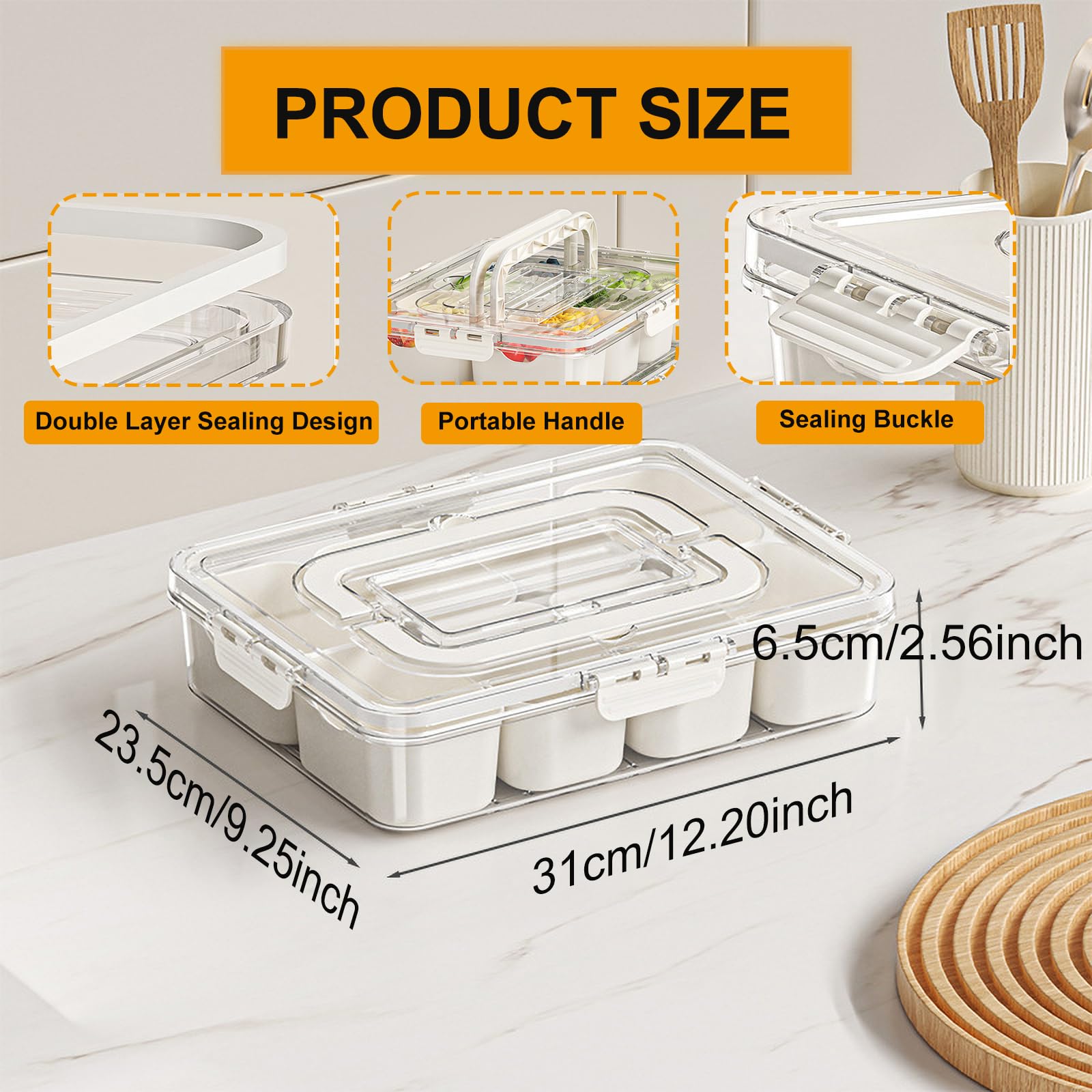 Snackle Box Container, Portable Divided Serving Tray With Lid And Handle, Snack Box Container for Candy, Fruits, Nuts, Snacks, Perfect for Picnic, Party, Home and Travel (4 Compartments)