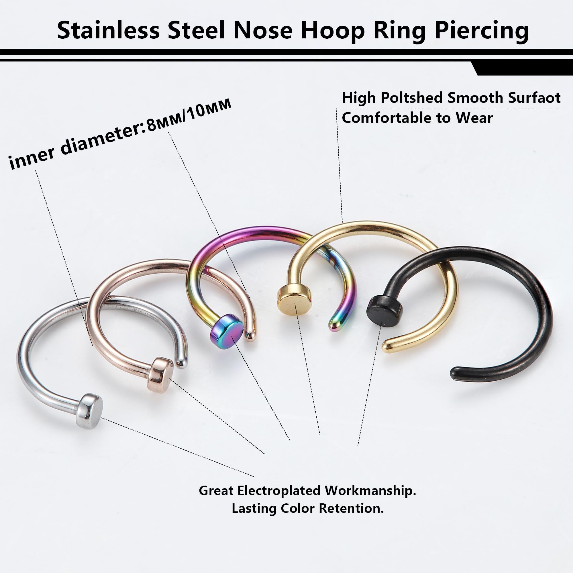 FIBO STEEL 18G-22G 5PCS Stainless Steel Body Jewelry Piercing Nose Ring Hoop (5mix color, 20G,8MM)