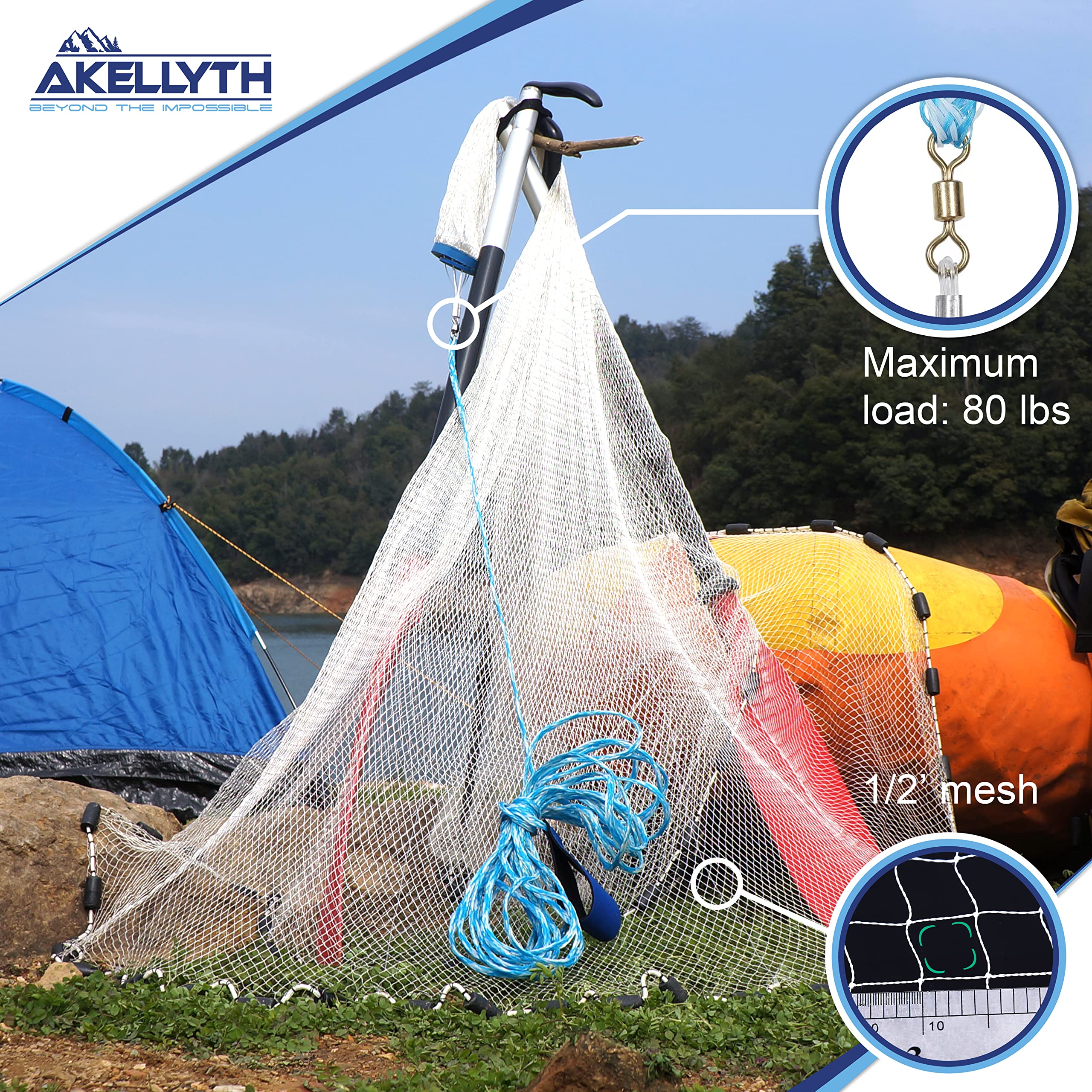 Fishing Net, American Cast Nets for Fishing, AKELLYTH 1/2" mesh, 6 ft,1 lb/ft Fishing Nets for Saltwater & Freshwater with Coated Sinkers. Offering Size: 4-6-8 Radius ft
