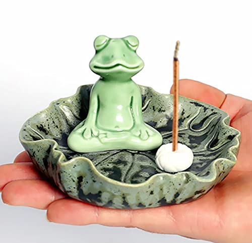 FKOG Cute Ceramic Frog Incense Holder for Sticks, Tree Frog Yoga Meditation Incense Sticks Holder, Lotus Leaf Incense Burner with Ash Catcher for Massages Aromatherapy (Green)