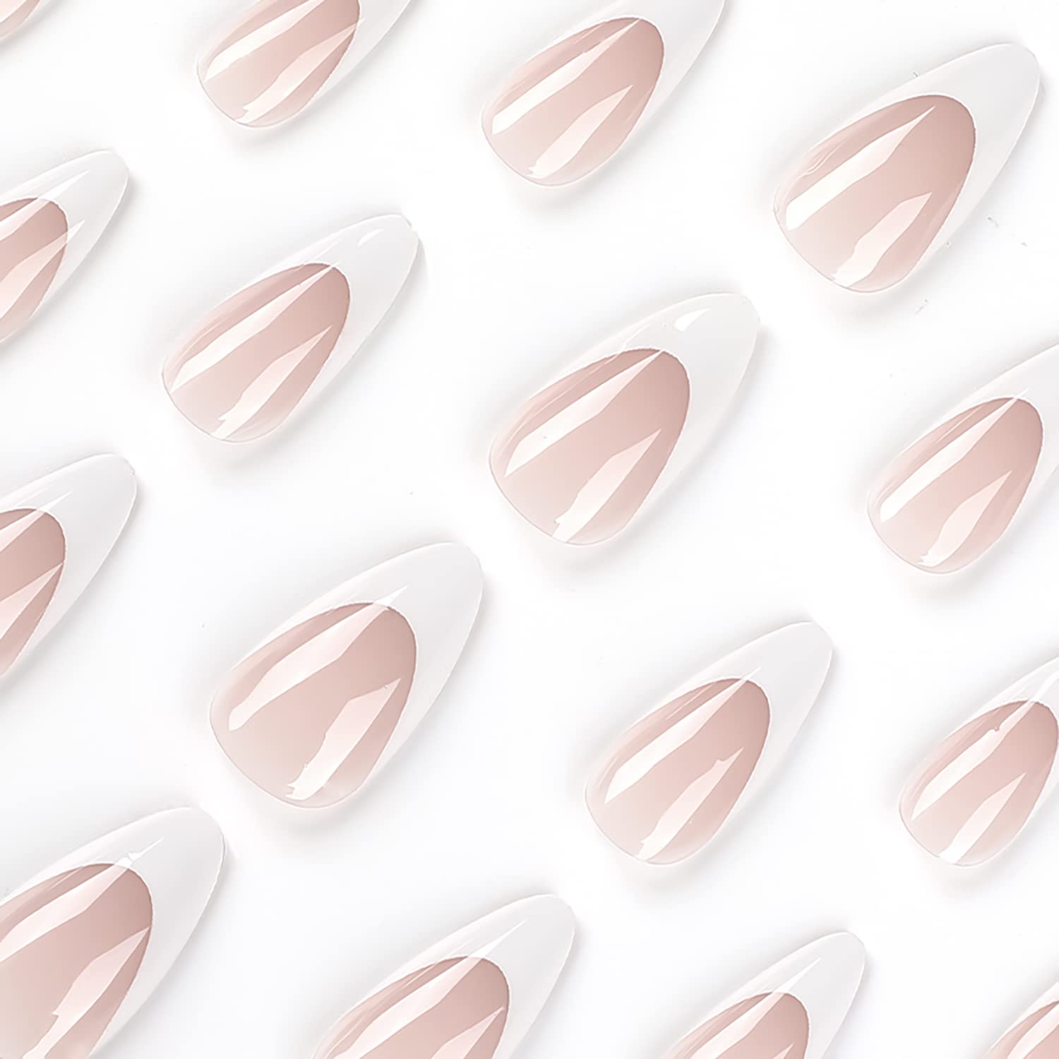 French Tip Press on Nails Long Almond Fake Nails White Tip(wide tip)Nude Pink Glossy Acrylic False Nails Kit for Women Girls Artificial Nails 24 Pcs