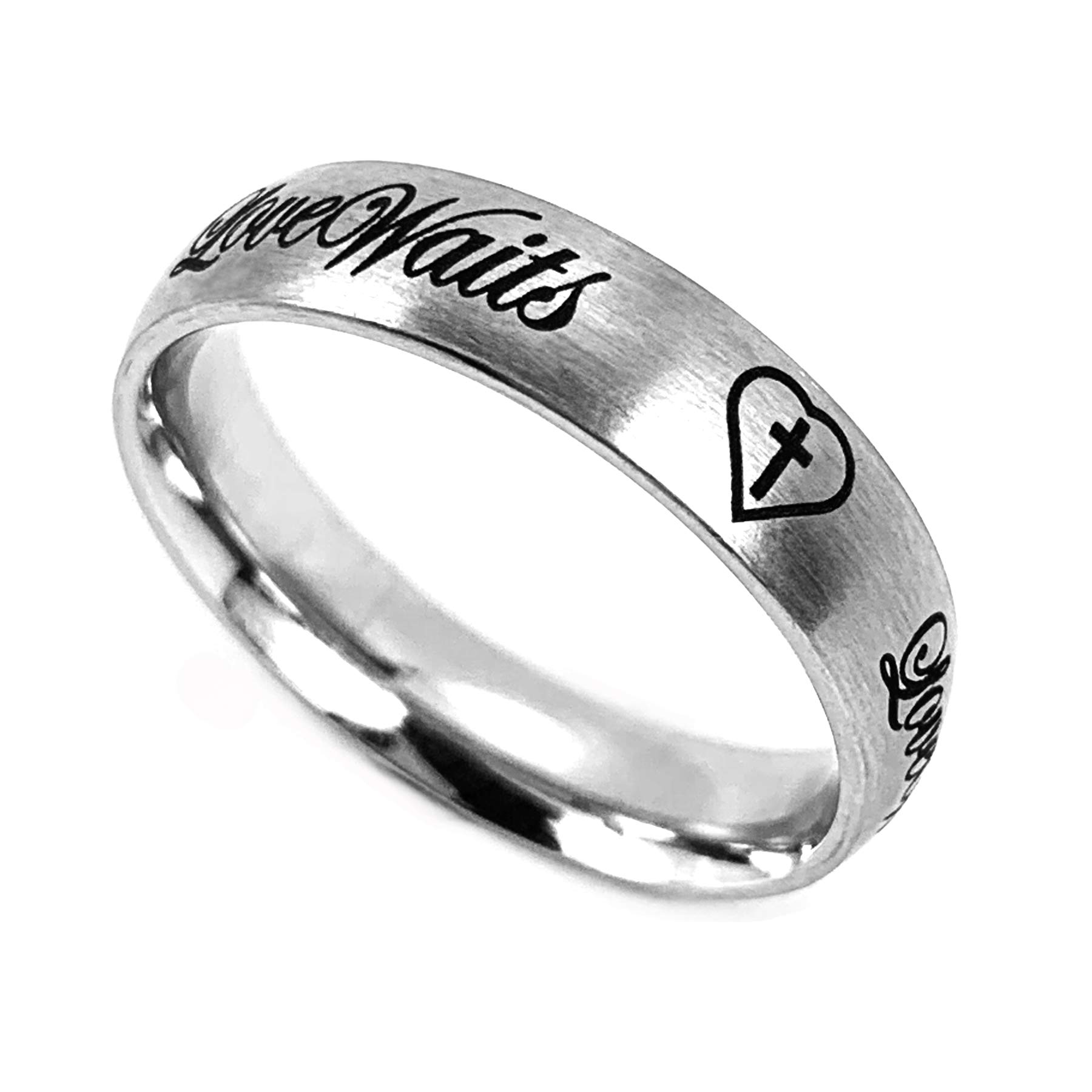 FORGIVEN JEWELRY RSLW Love Waits Cursive Purity Band Stainless Steel Ring size 6-Christian Jewelry