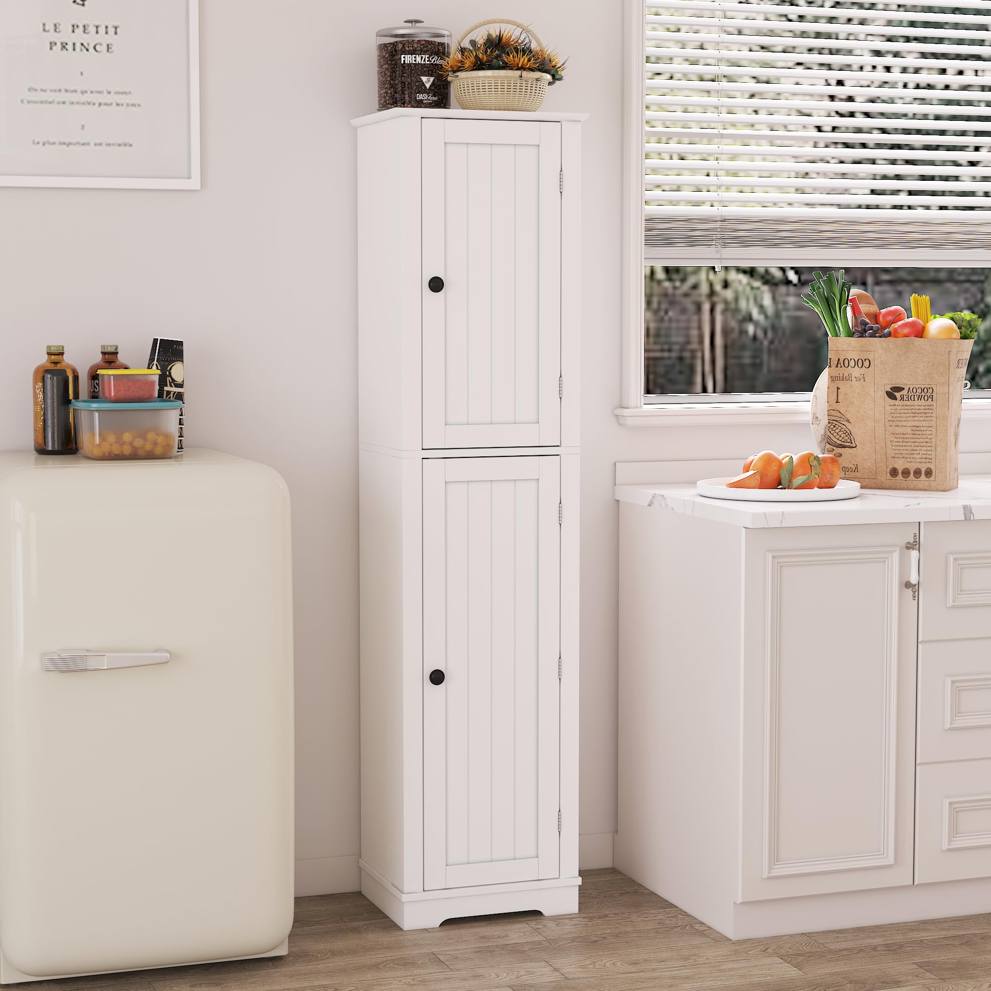 Function Home Modern Storage Cabinet, Free-Standing Floor Cabinet, Bathroom Cabinet with Adjustable Drawers, Open Shelf and Two Doors, Wooden Cupboard for Home, Living Room, Kitchen, Bedroom in White