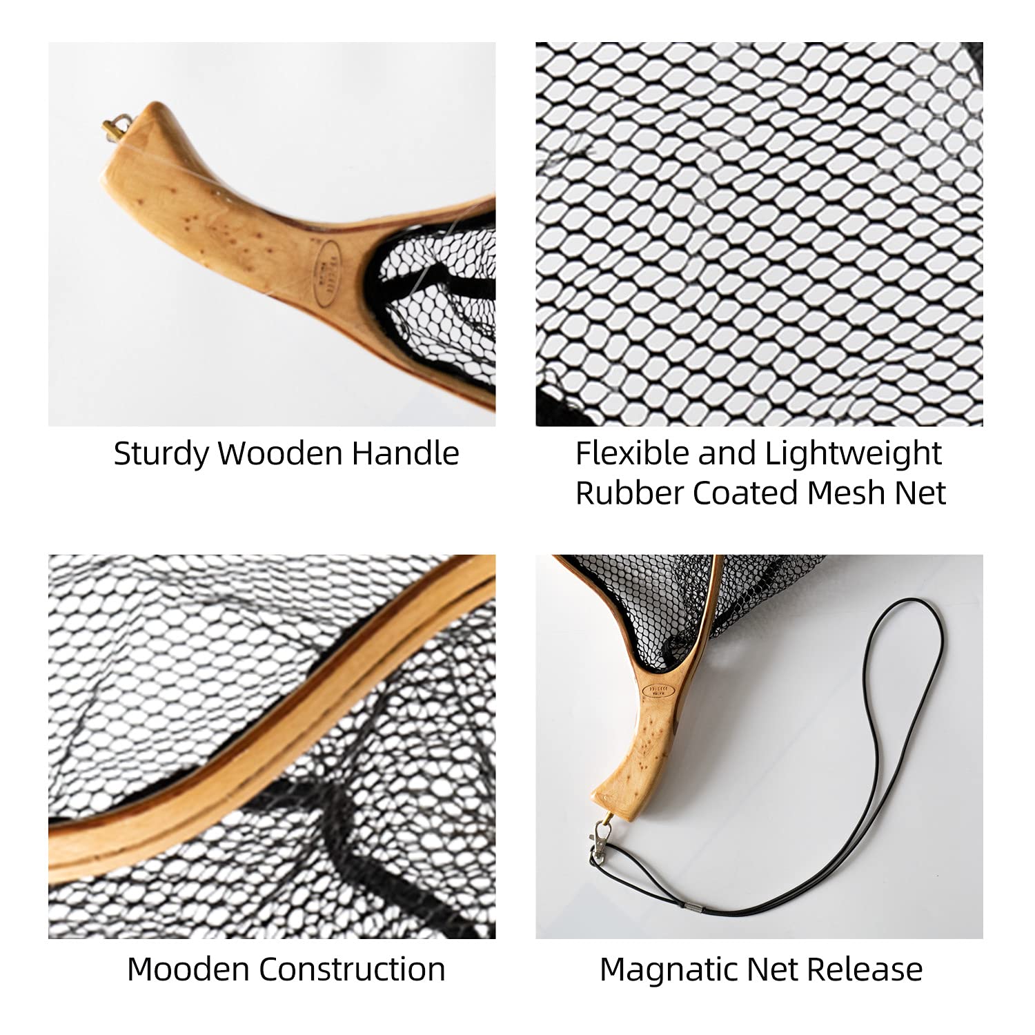 Fly Fishing net Freshwater Decor - Wooden Wading Net Handmade Wooden Frame Soft Rubber Mesh (Brown, Curved Handle)