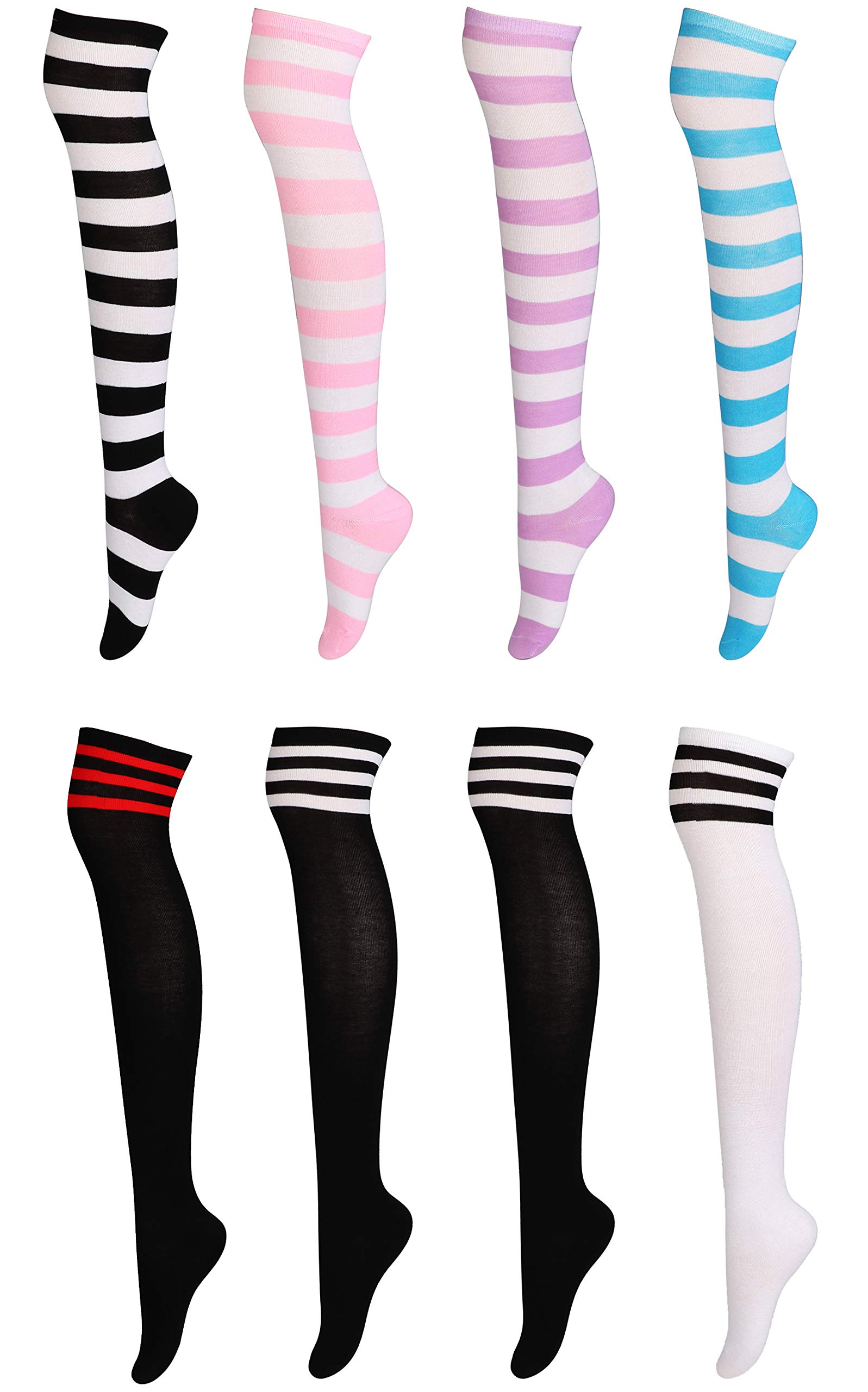 FIBO STEEL 6-8 Pairs Long Thigh High Socks for Women Striped Knee High Leg Warmers