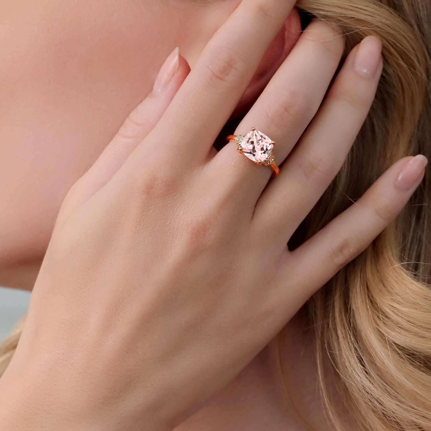 Gem Stone King 18K Rose Gold Plated Silver Peach Simulated Morganite Ring For Women (4.61 Cttw, Cushion Cut 10MM, Available In Size 5,6,7,8,9)