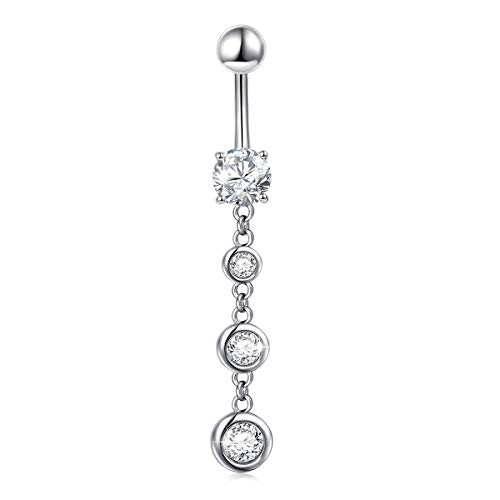FLYOW S925 Sterling Silver Dangle Belly Button Rings Women Navel Rings CZ Body Piercing