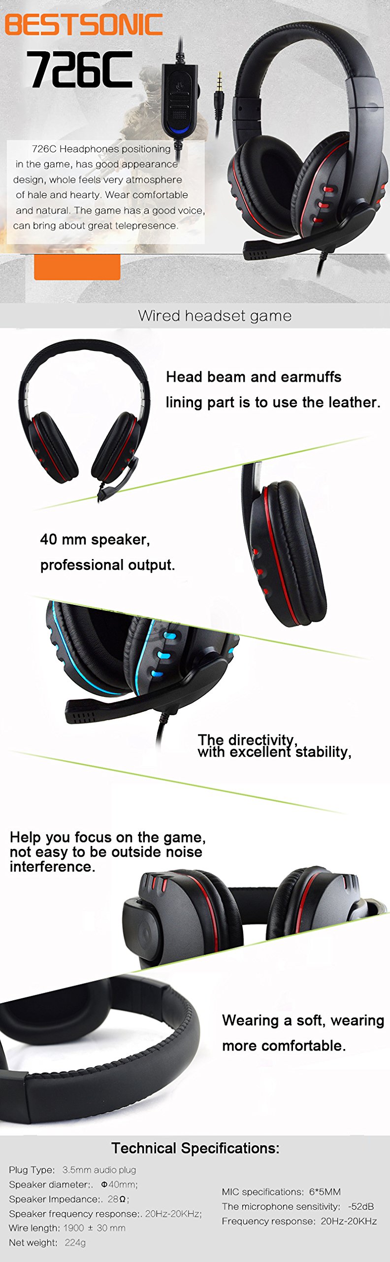 FNSHIP 3.5mm Wired Over-head Stereo Headband Gaming Headset Headphone with Mic Microphone Volume Control for SONY PS4 PC Tablet Laptop Smartphone