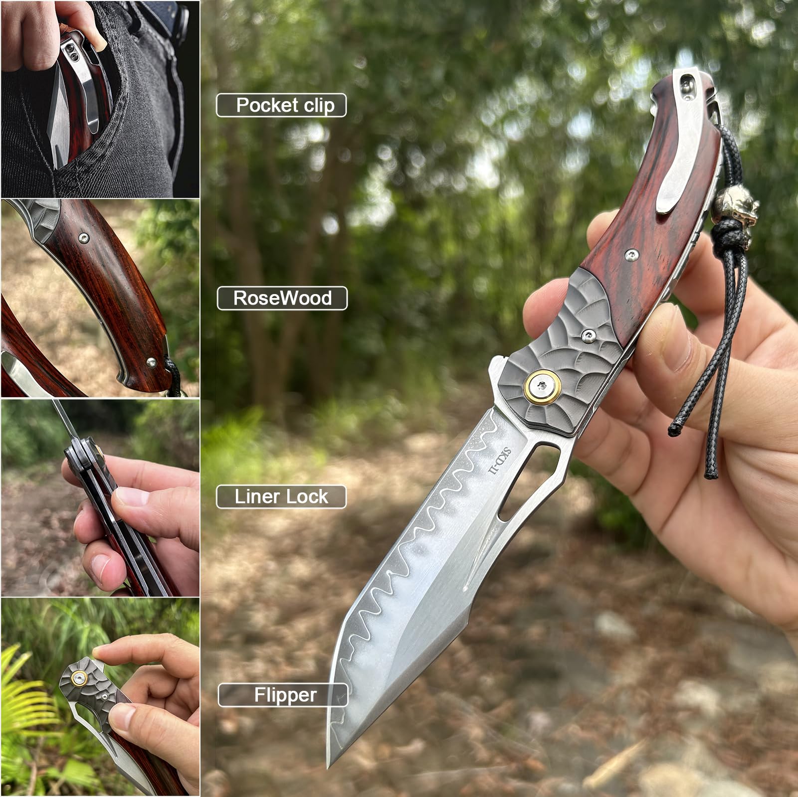 FORESAIL Flipper Folding Pocket Knife,SKD11 Steel Blade and Wood Handle. With leather case,men's Tactical pocket knife hiking trip EDC tool Knife. (Rosewood Handle)