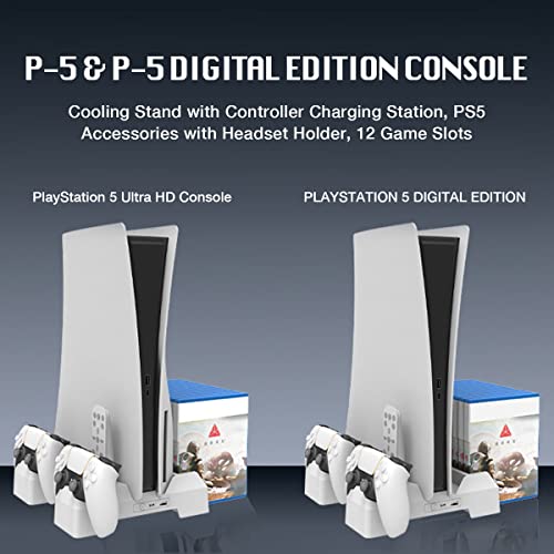 Geliebt Lynn PS5 Accessories - PS5 Stand with Cooling Fan and Dual Controller Charger Station, PS5 Headset Holder, 12 Game Slots, PS5 Disc & Digital Editions, White