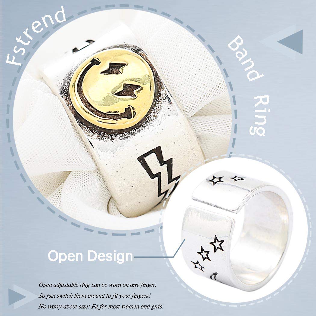 Fstrend Smiley Face Ring Vintage Stainless Steel Rings Retro Statement Band Adjustable Smiling Open Ring Jewelry for Women and Girls(Gold)
