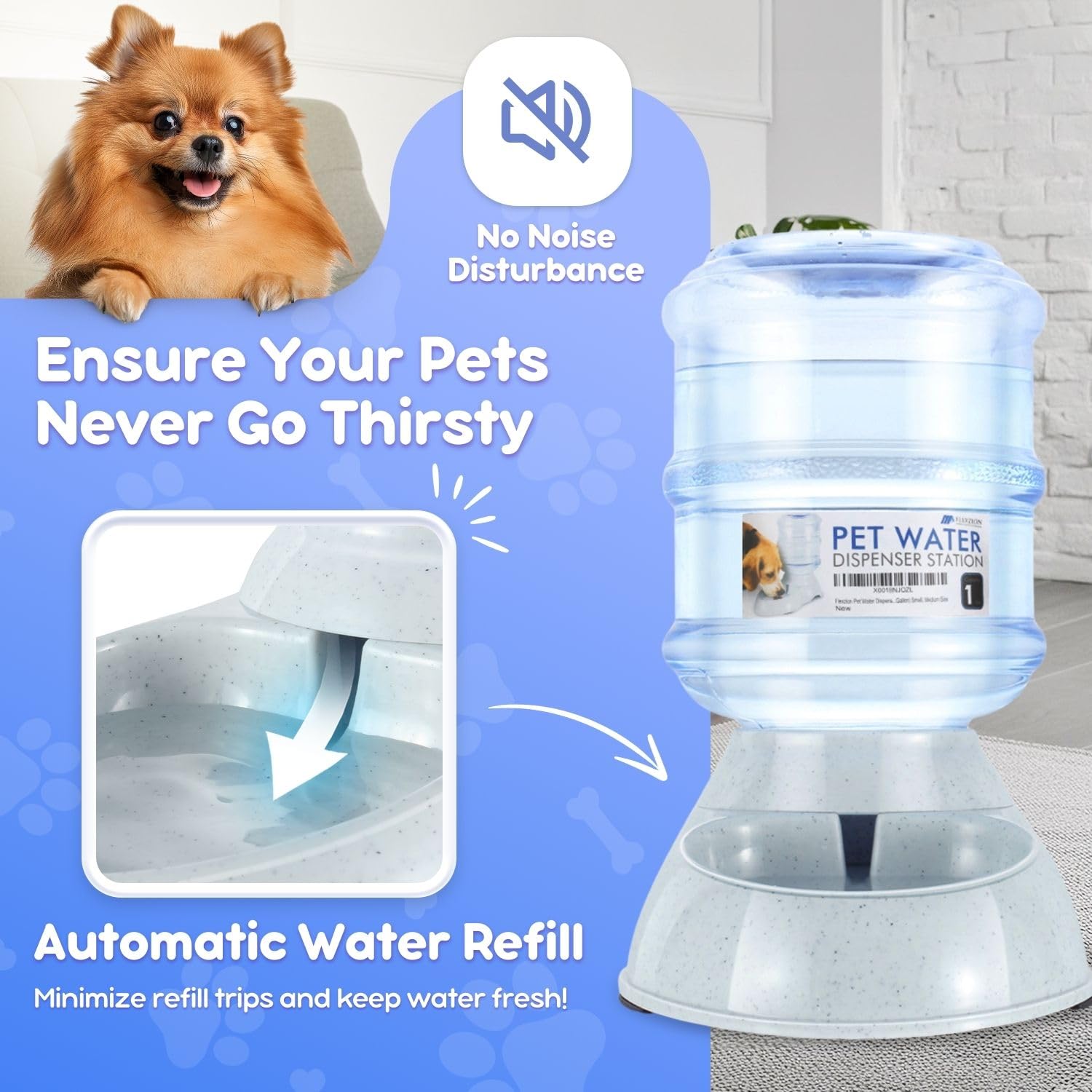 Flexzion Automatic Pet Feeder & Waterer Set of 2 Pack, Self Feeding Replenish Dog Cat Bowls, Gravity Food & Water Storage Container Fountain Jug Pet Supplies Plastic Skid Proof Rubber Feet (1 Gallon)
