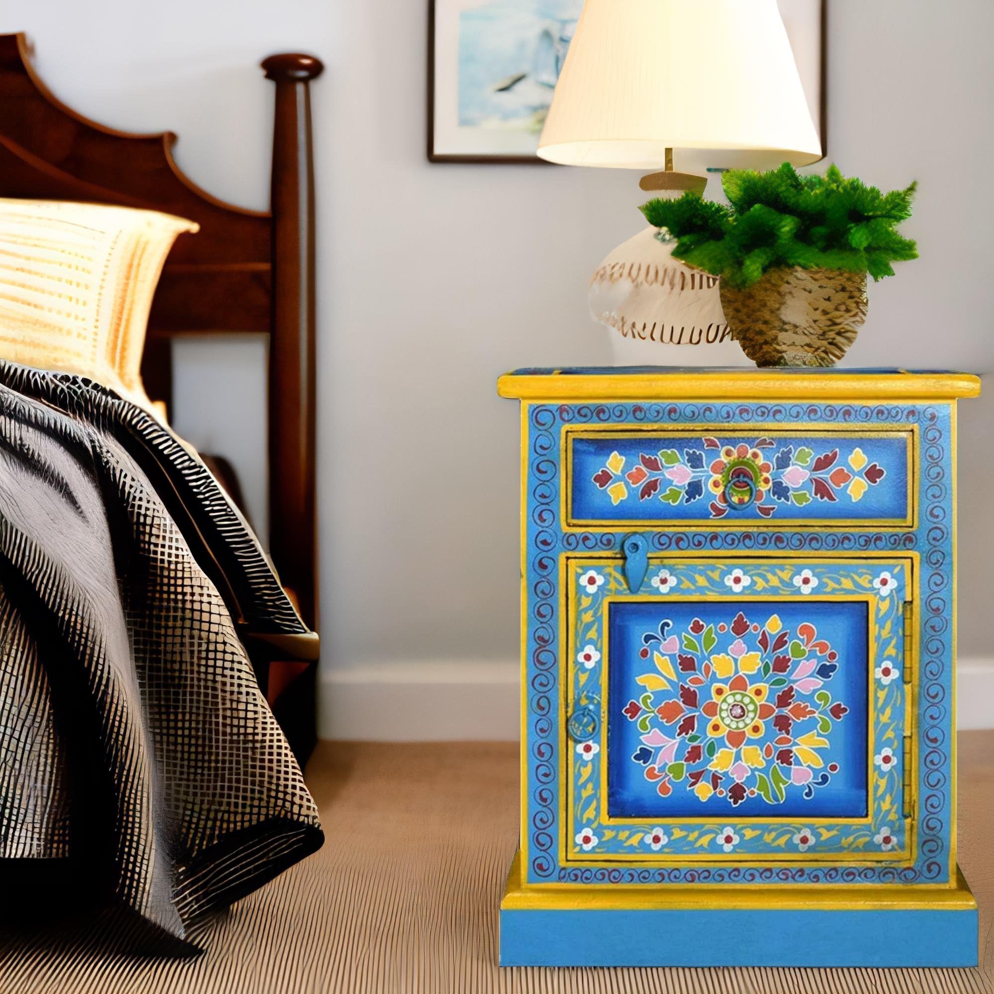 Floral Painted Wooden Nightstand Table, Handicraft Side Table/Bedside Table/Lamp Stand Table/Storage Table