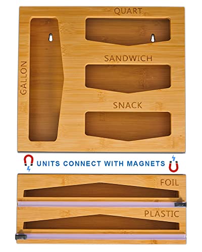 Foil and Plastic Wrap Organizer, Magnetic Dispenser with Cutter, 6 in 1 Aluminum Dispenser, Bamboo Storage Kitchen Drawer Organizer for Foil, Ziploc, Gallon, Quart, Sandwich, Snack, standard large