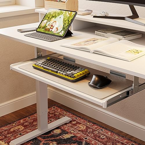 FEZIBO Height Adjustable Electric Standing Desk with Keyboard Tray, 55 x 24 Inch Stand Up Table with Storage Shelf, Sit Stand Desk, White Top