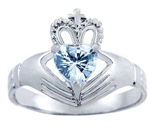 Fine 925 Sterling Silver Solitaire March Birthstone CZ Heart Irish Claddagh Ring (Size 7.75)