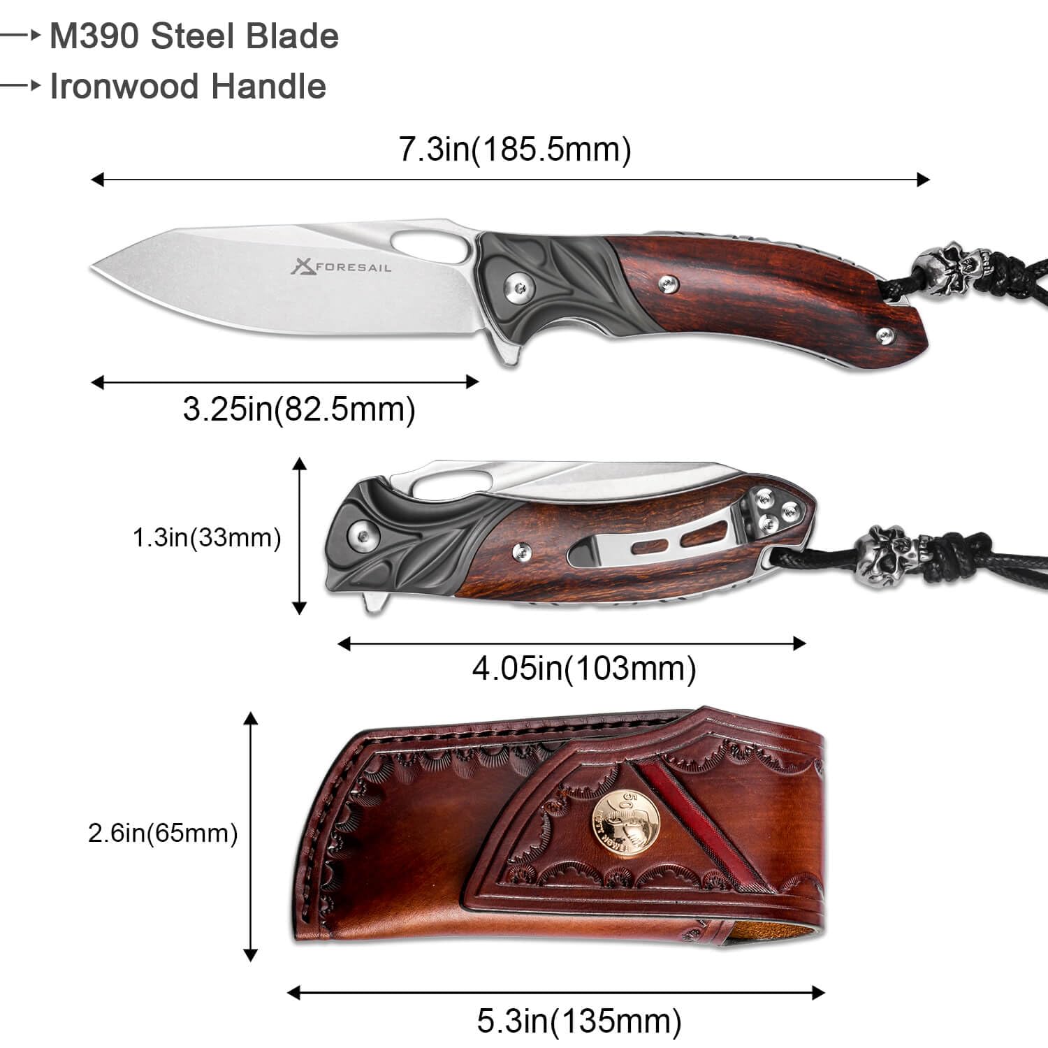 FORESAIL Folding Pocket Knife, 3.26" M390 Steel Blade Desert Ironwood Handle Small EDC Knife with Pocket Clip and leather case,Camping Survival Hiking Tool (Raffir Handle)