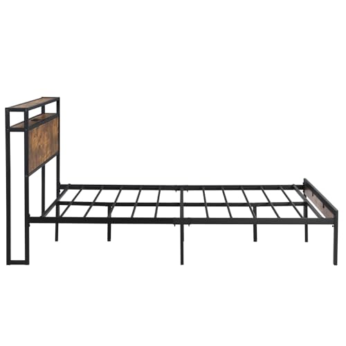 Foinfun King Bed Frame with USB and AC Charging, King Platform Metal Bed, Headboard with 2 Layers of Shelving, No Box Spring Needed, Brown