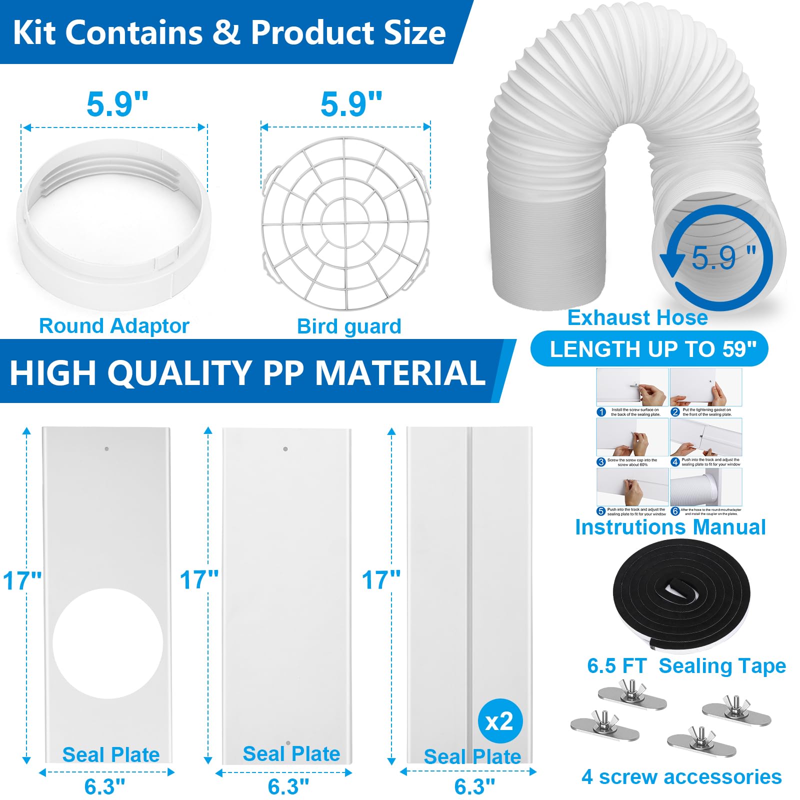 Portable Air Conditioner Window Kit with Hose Adjustable Window Seal kit Plate for AC Unit, Portable AC Window Vent Kit PVC Seal for Sliding Window Door, AC Window Kit with 5.9" Anti-Clockwise Hose