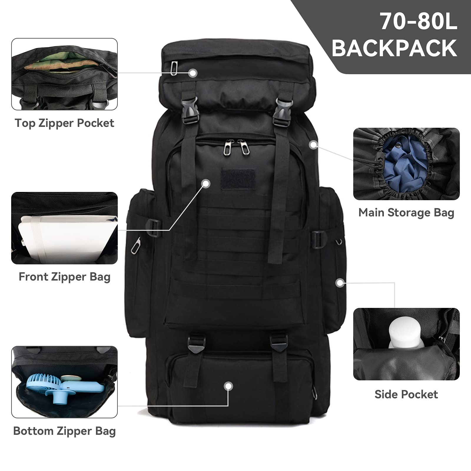 FLYKEPER, 75L Hiking Backpack Outdoor Camping Trekking Bag Durable Waterproof Sport Travel Backpack for Hiking, Backpacking, Traveling, Camping, Classic Black