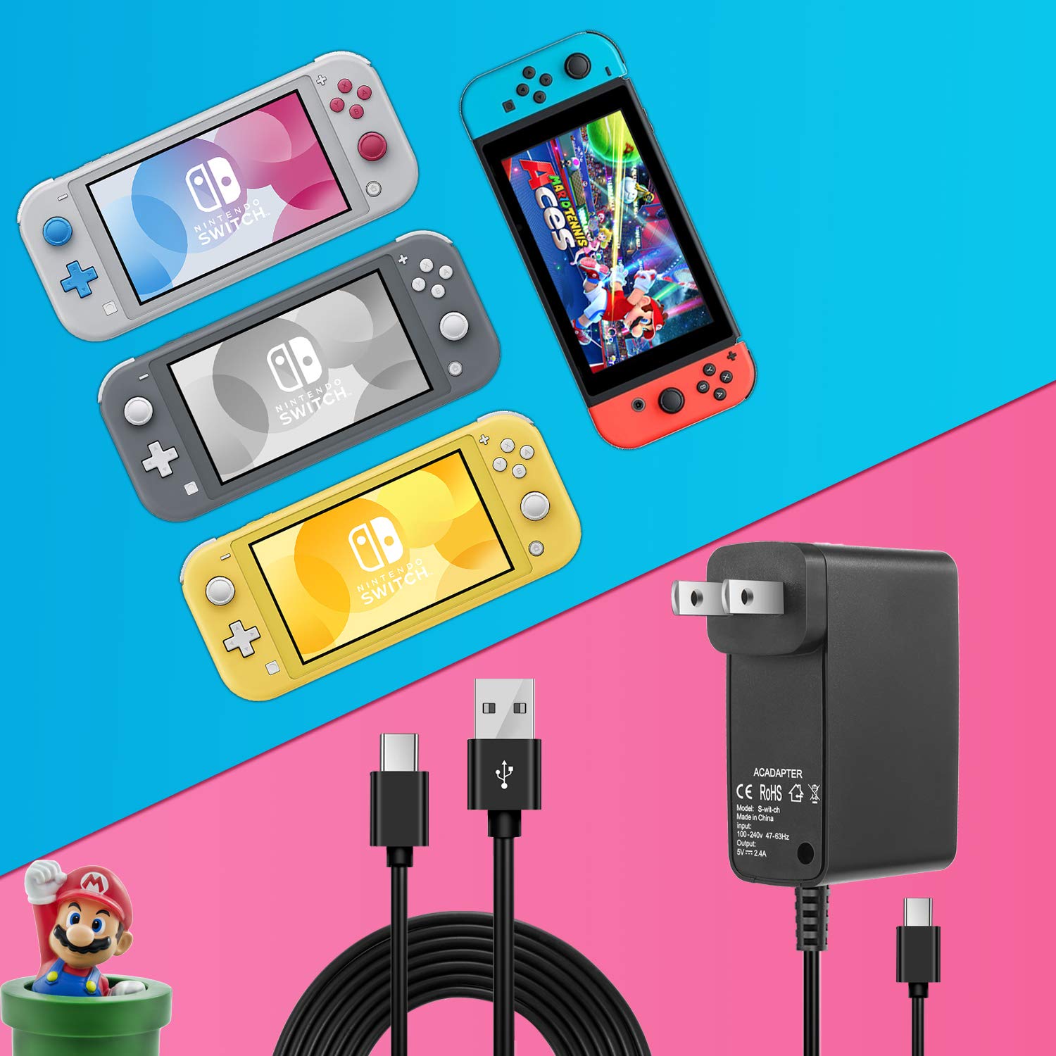 Frienda Charger Compatible with Nintendo Switch, 5 Volt/ 2.6 A AC Adapter Portable Charger with 2 M USB Charger Cable, Power Supply Charging Replacement Accessories, Total 2 Pieces