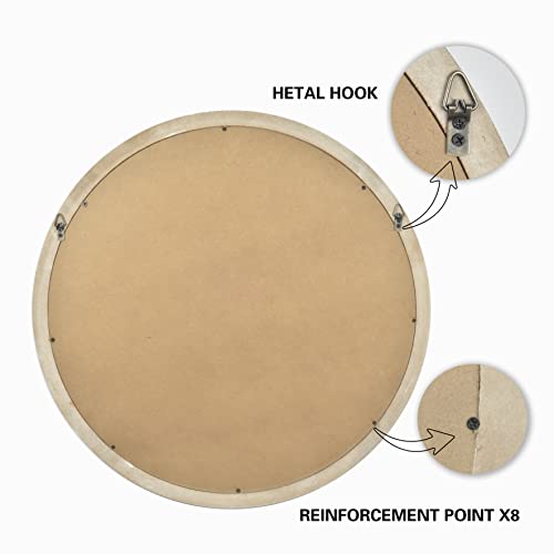 Reflinto Rustic Round Mirror 24", Hanging Wall Decorative Mirror Distressed Natural Wooden Farmhouse Frame with White Wash Edge for Bedroom, Bathroom, Living Room or Entryway