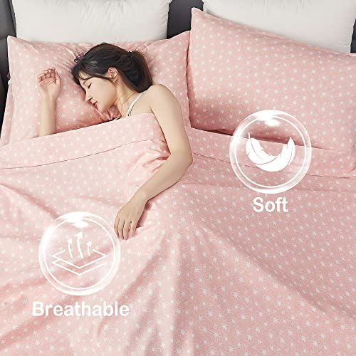 Floral Sheet Set Flower Full Size Sheet Sets, Brushed Microfiber Patterned Fitted Sheet with 15" Deep Pocket for Double Bed, Coral Pink Flower, 4 piece Sheet & Pillowcases Set