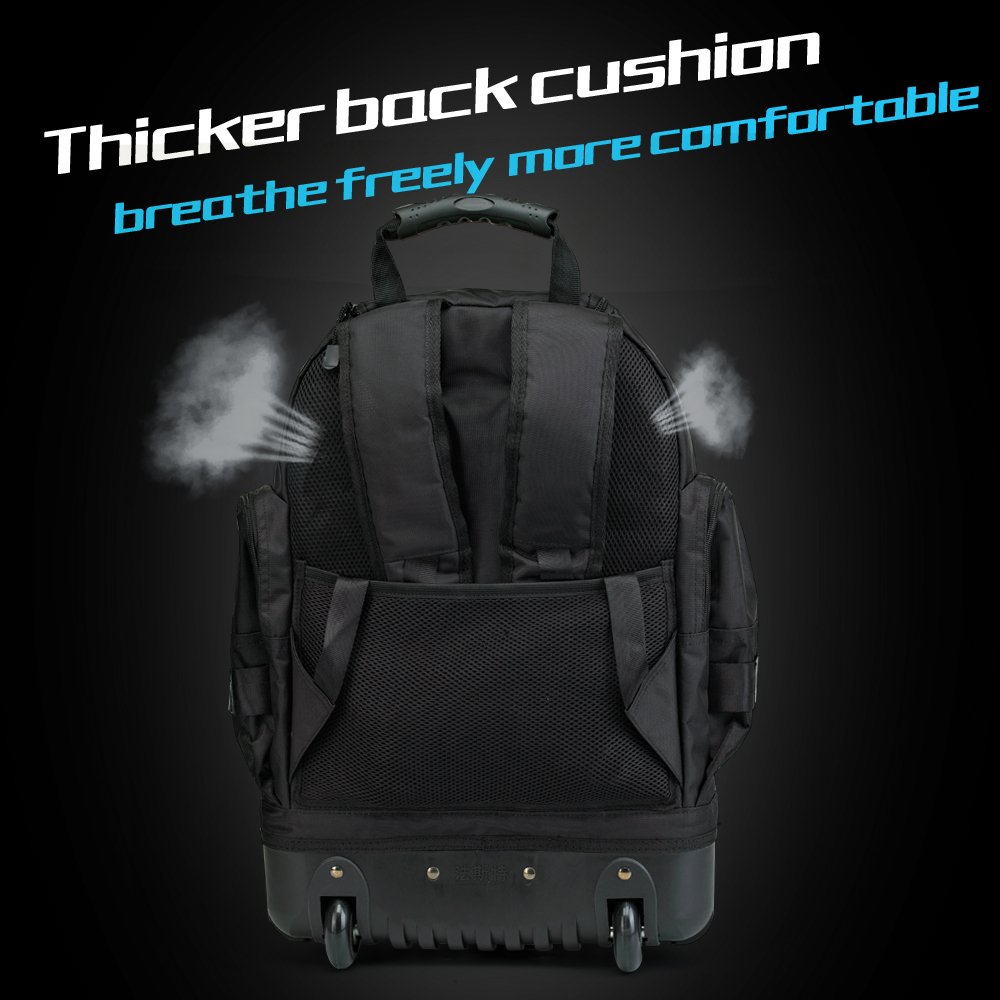 FASITE Tool Backpack with Wheeled Rolling, Multi-function Heavy Duty Tool Bag with wheel handle, Electrician Tool Organizer, Black