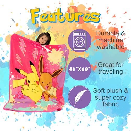 Franco Pokemon Anime Pikachu and Eevee Kids Bedding Super Soft Micro Raschel Throw, 46 in x 60 in, (Official Licensed Product)