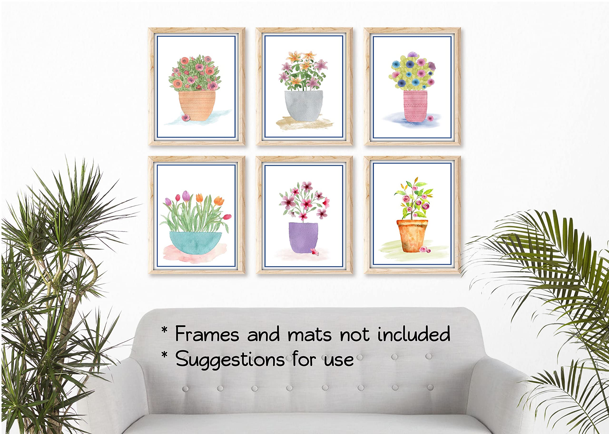 Floral Wall Art Decor - Potted Flower Botanical Prints - Set of 6-5x7 - Unframed