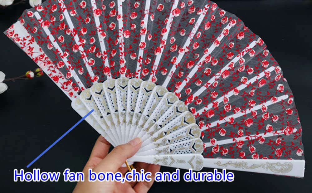 Folding Fan Handheld, 2Pc Folding Hand Fan Elegant Floral Red Silk Fans Exquisite Large Portable Chinese Fan Summer Handmade Home Decorative Folding Fans for Dance Wedding