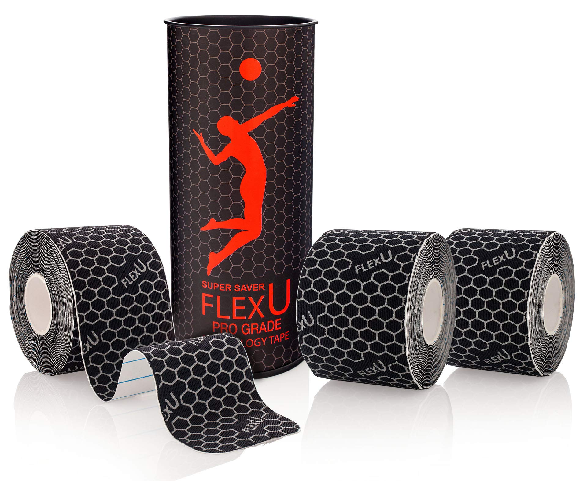 FlexU Kinesiology Tape - 60 2" x 10" Pre-Cut Strips for Lower Back, Knees, & Shoulders; Pain Relief & Support for Muscles & Joints, Shoulders, Knees & Back, Rheumatism, Gout, Osteoporosis (Black)