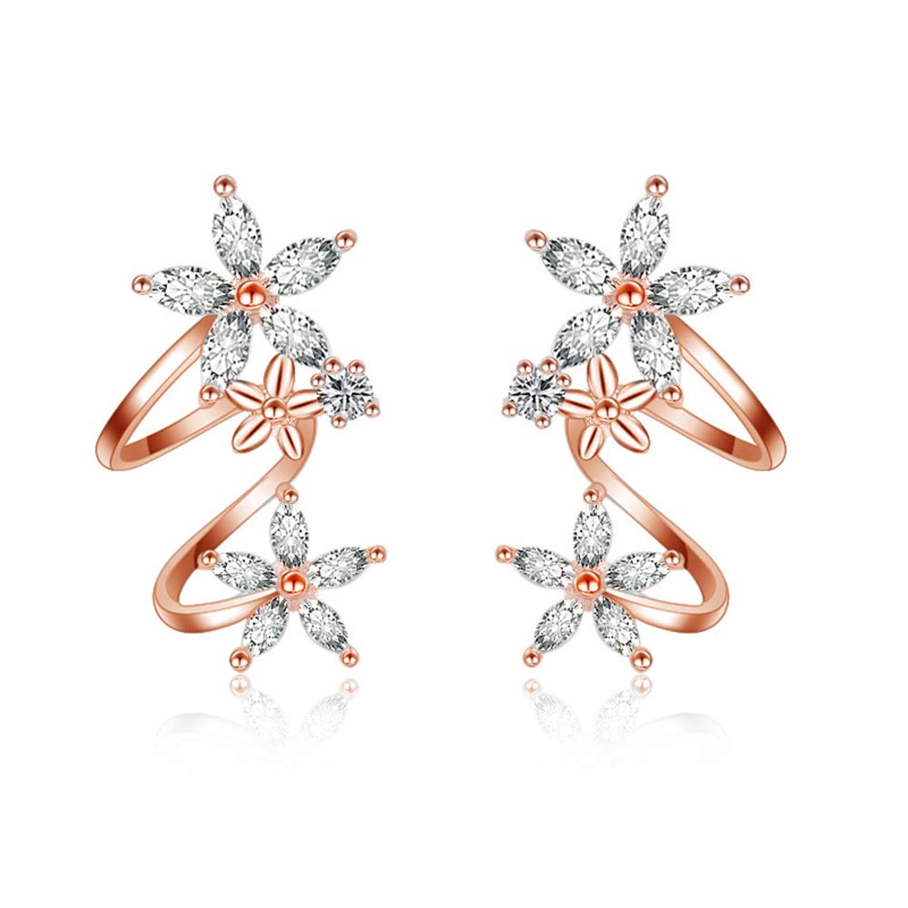 Flower Fariry CZ Ear Cuff Wrap Earrings for Women Fashion Cubic Zirconia Clip Crawler Climber Hypoallergenic (Rose Gold)