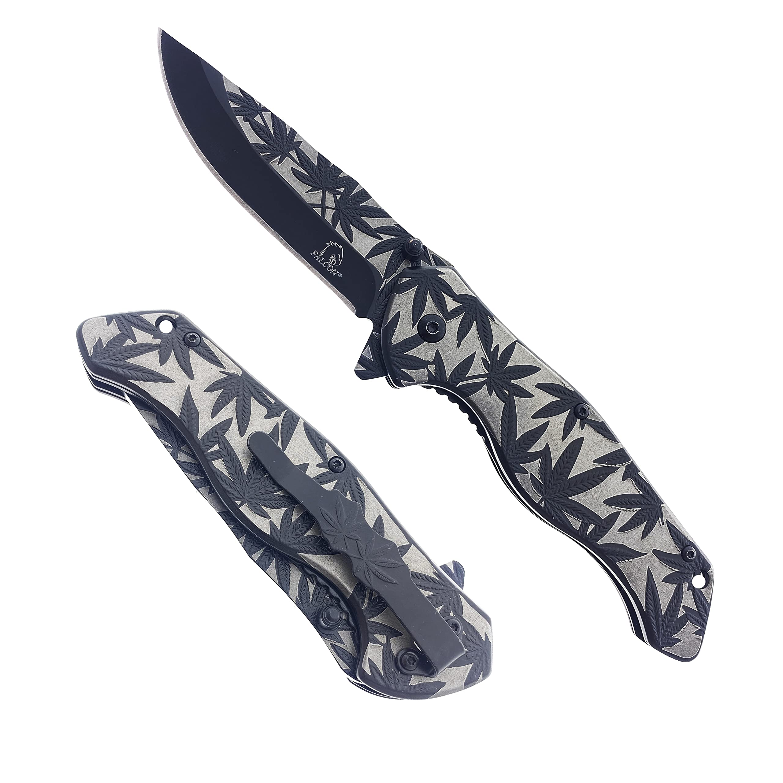 Falcon 8" Marijuana Leaf Engraved Blade And Handle Design 440 Stainless Steel Spring Assist Pocket Knife 420 Gift
