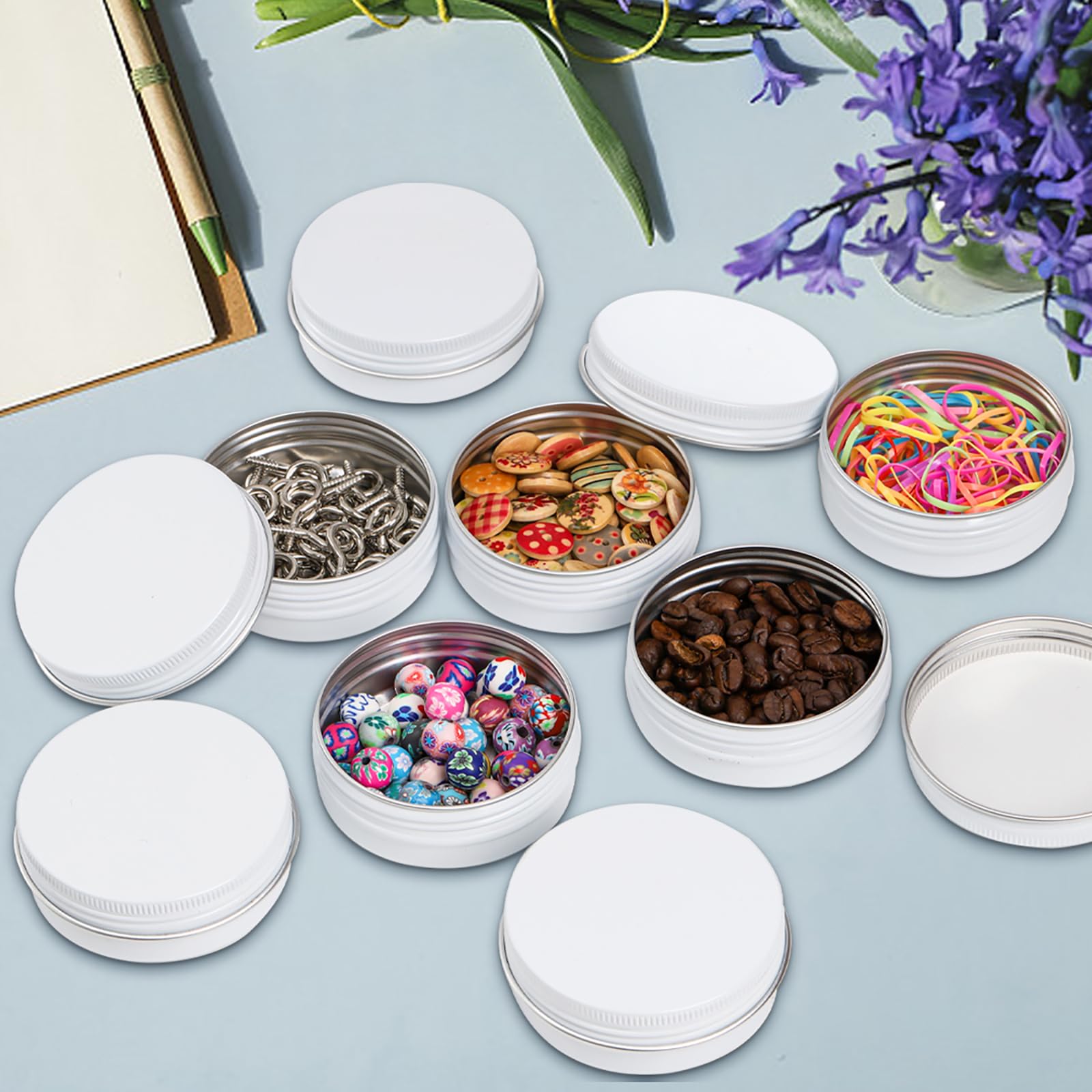 Foraineam 48 Pack 2 oz White Lip Balm Tin Cans - Aluminum Round Cosmetic Sample Containers with Screw Lid - Metal Empty Tins Storage Travel Tin Jars