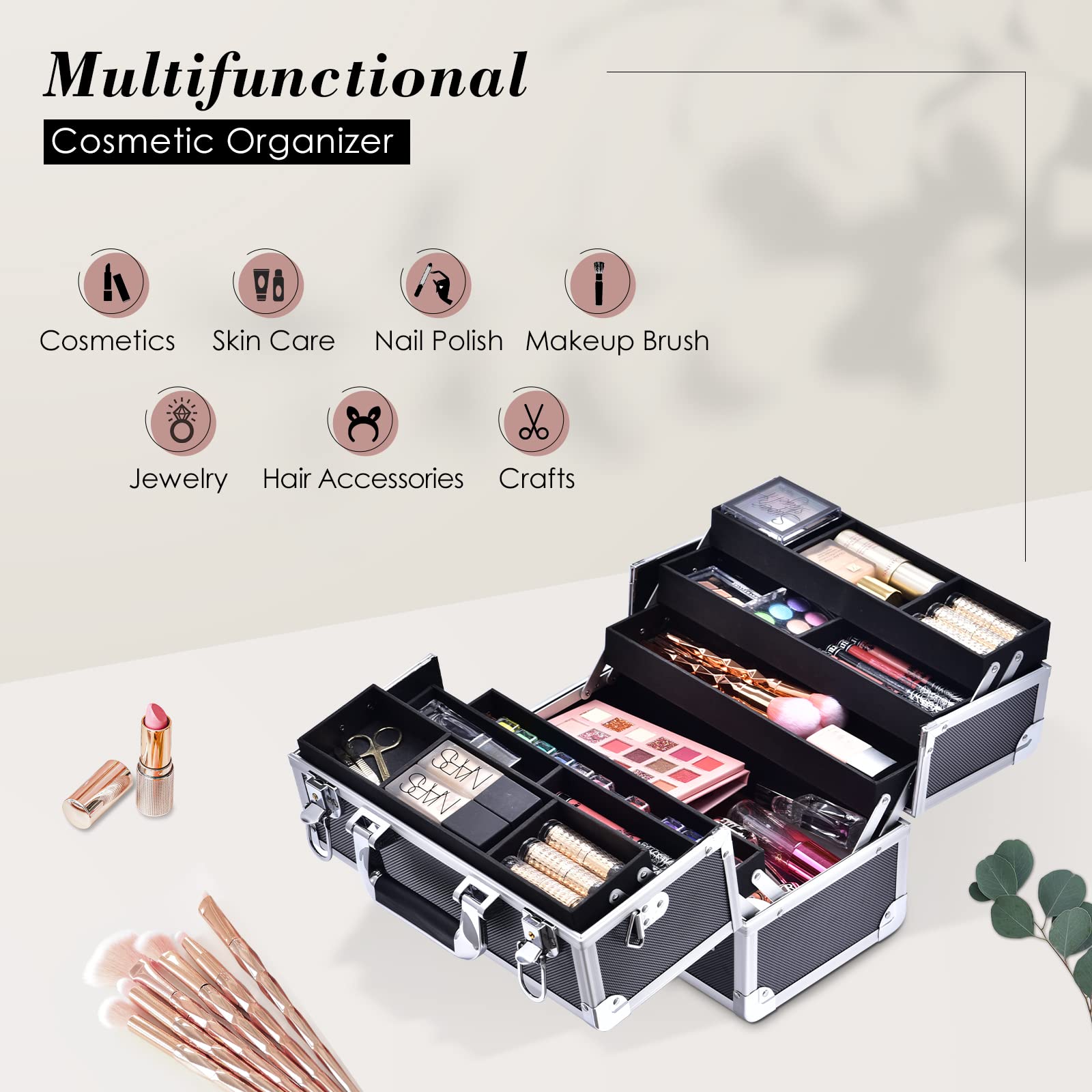 FRENESSA Makeup Train Case Large Cosmetic Box 6 Tier Trays with Compartments Professional Makeup Box Jewelry Storage Organizer Case Adjustable Bottom with Shoulder Strap - Black