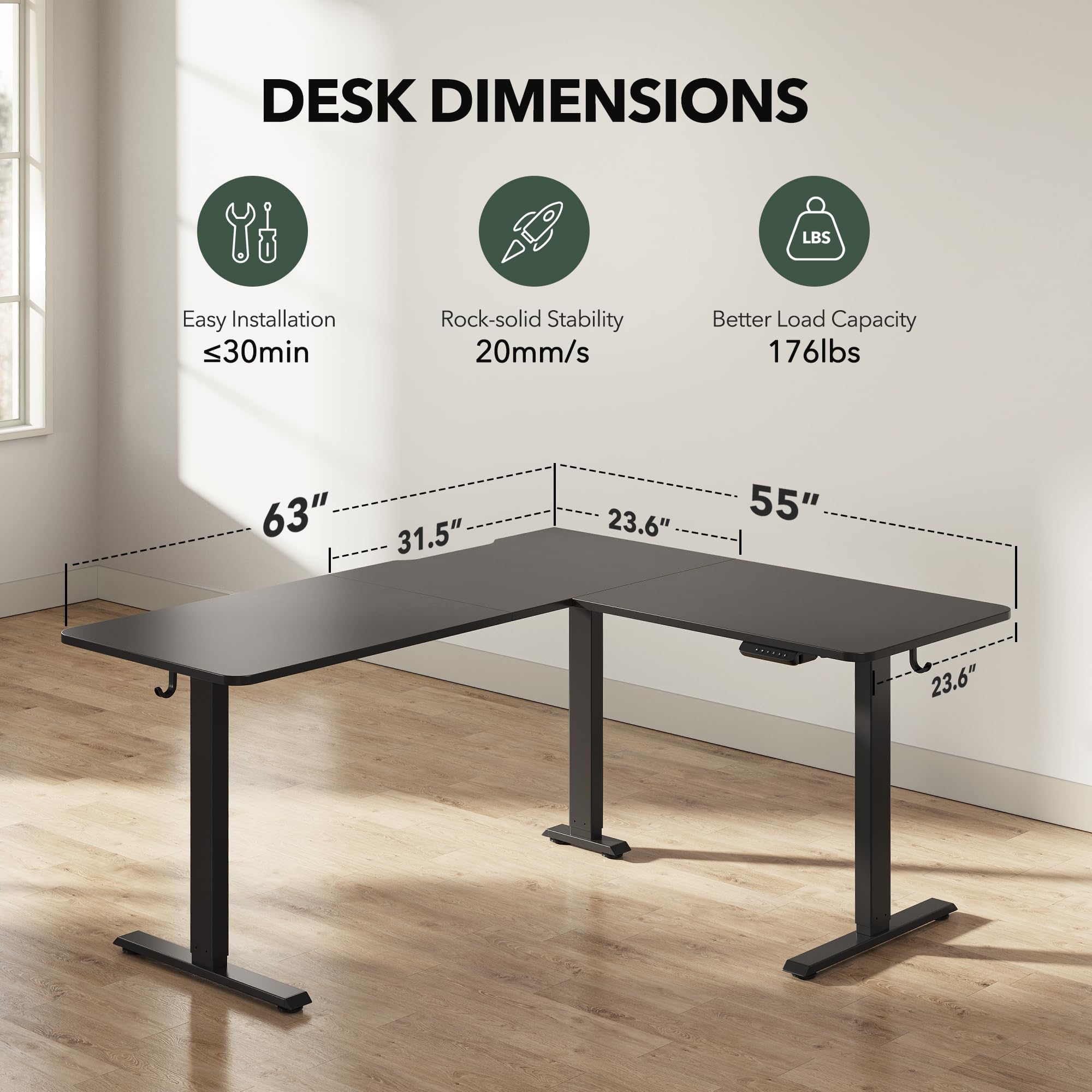 FEZIBO L Shaped Standing Desk Adjustable Height, 63 Inch Electric Stand up Corner Computer Desk, Sit Stand Home Office Desk with Splice Board, Light Walnut Top/White Frame