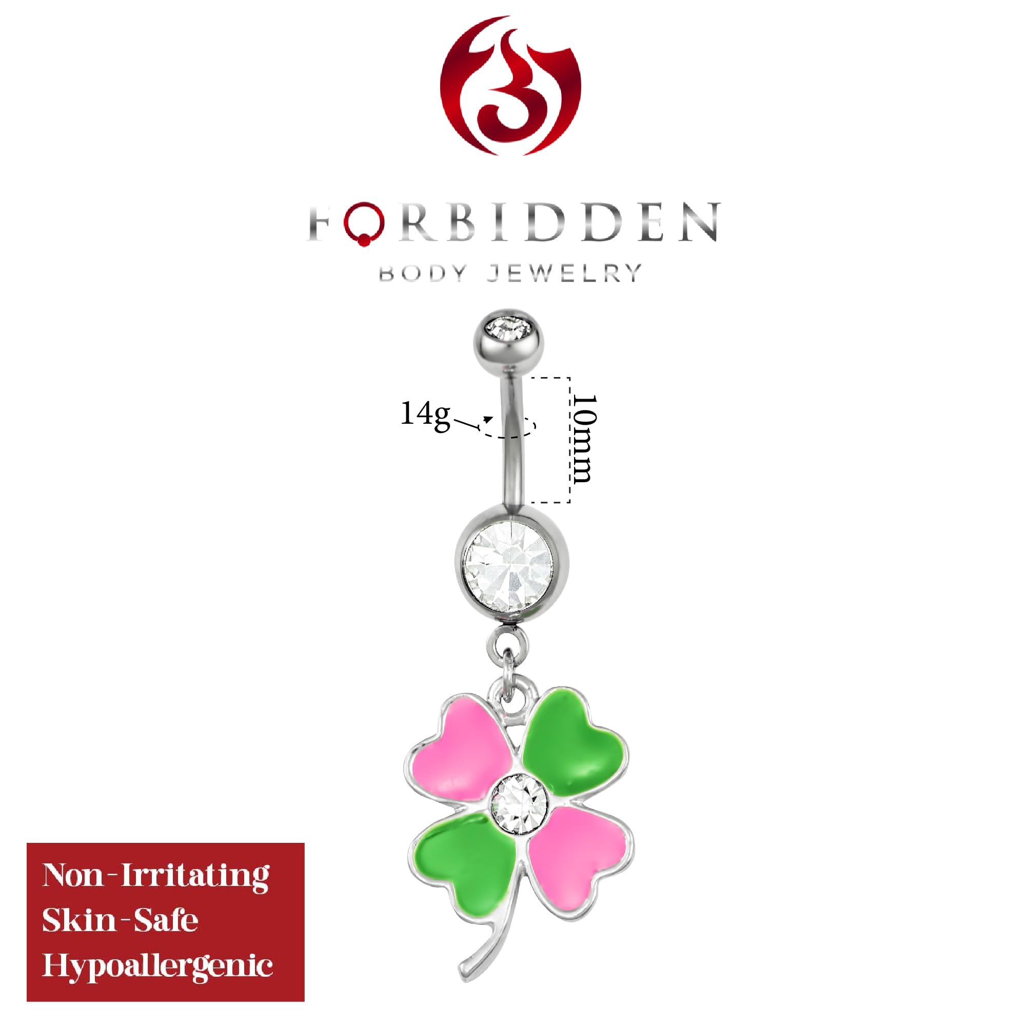 Forbidden Body Jewelry Surgical Steel Jeweled Pink and Green Four Leaf Clover Dangle Belly Button Ring