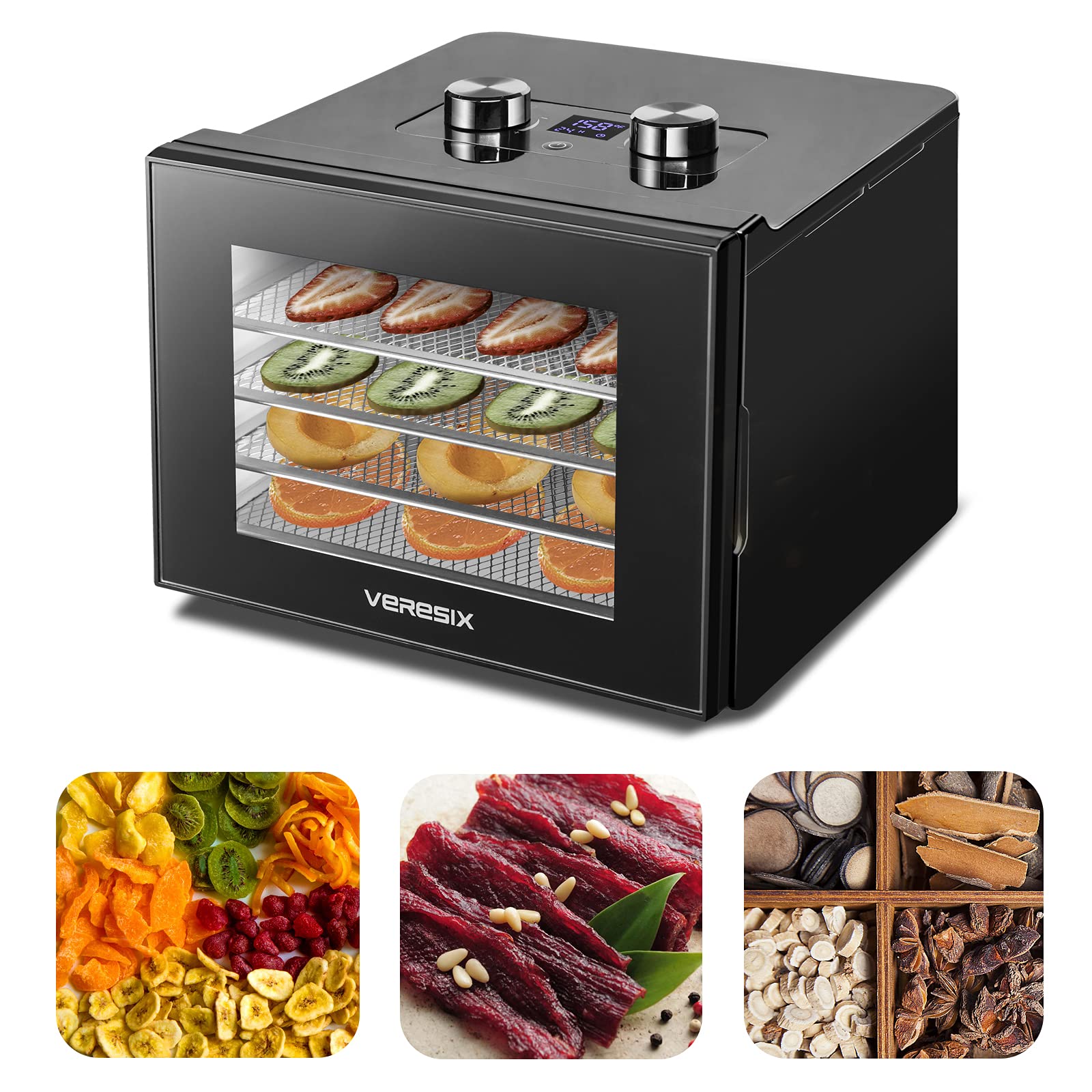 Food Dehydrator Machine - Digital Adjustable Timer and Temperature Control Dryer Dehydrators for Food and Jerky, Herbs, Meat, Fruit, Veggies, with 4 Stainless Steel Trays and 2 Anti-Stick Mat
