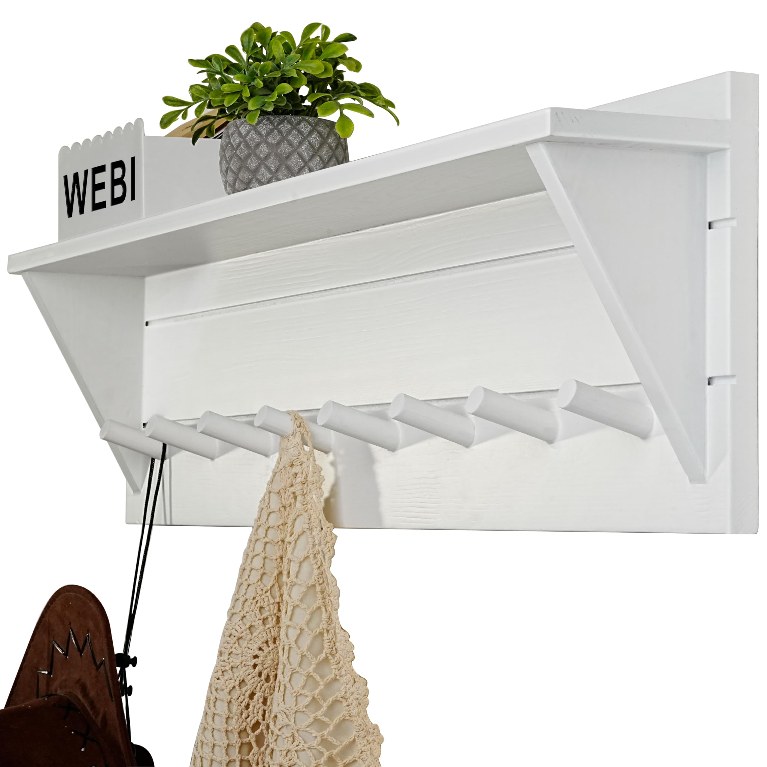 WEBI Coat Rack Wall Mount with Shelf,8 Peg Hooks,34" Long Entryway Shelf with Hooks Underneath for Hanging Coats,Caps,Jacket,Clothes,White