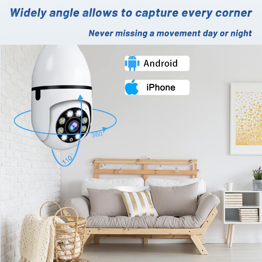 Fowutz Light Bulb Security Camera, 1080P Light Socket Security Camera for Light Bulb Pet Camera with Motion Detection & Night Vision (1Pack 2.4GHz with No SD Card)
