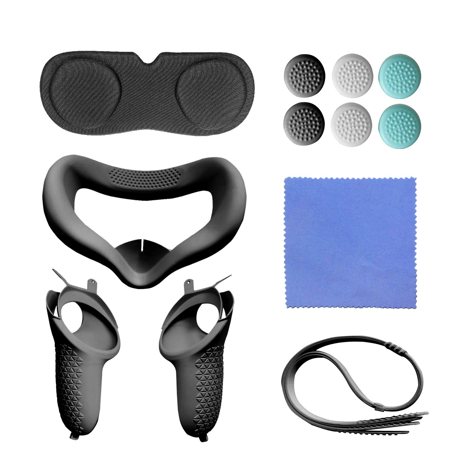 for Oculus Quest 2 Accessories - VR Face Silicone Cover + Touch Controller Grip Cover + Protective Lens dust-proof Cover + Thumb Button Cap (Black)