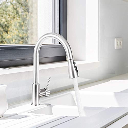 Kitchen Faucet with Pull Down Sprayer,Single Handle Kitchen Sink Faucet with Pull Out Sprayer,High Arc,Stainless Steel Kitchen Faucets with Deck Plate,Brushed Nickel KC-98001BS