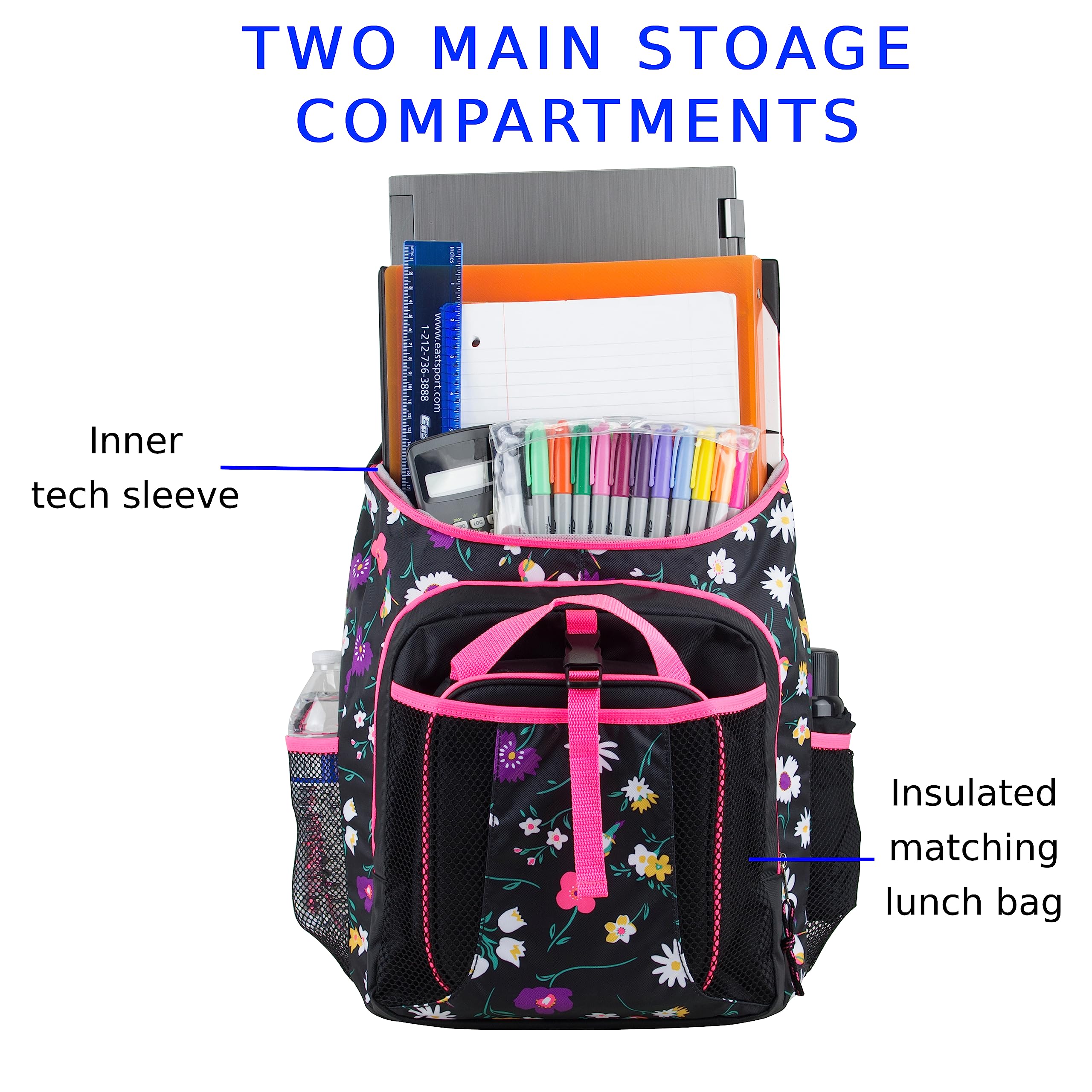 FUEL Backpack with Lunch Box Combo – 18” Two Compartment Water Resistant Durable Adjustable Straps with Side Water Bottle Pockets 2 in 1 Set - Midnight Blue