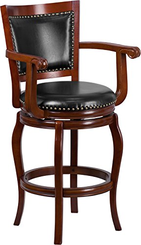 Flash Furniture Vestina 30" LeatherSoft Barstool with Footrest and Arms, Classic Ladder Back Upholstered Bar Height Stool, Cherry Wood/Black