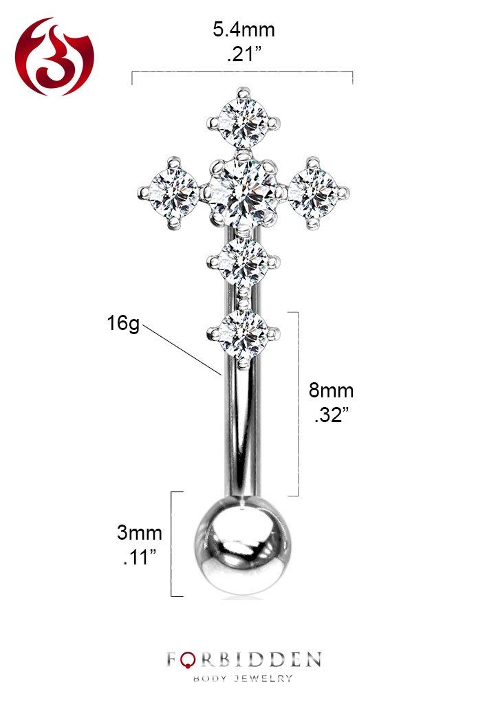 Forbidden Body Jewelry 16g 8mm Curved Barbell for Daith, Eyebrow, Rook & Belly Button with CZ Cross Top, Silver Tone