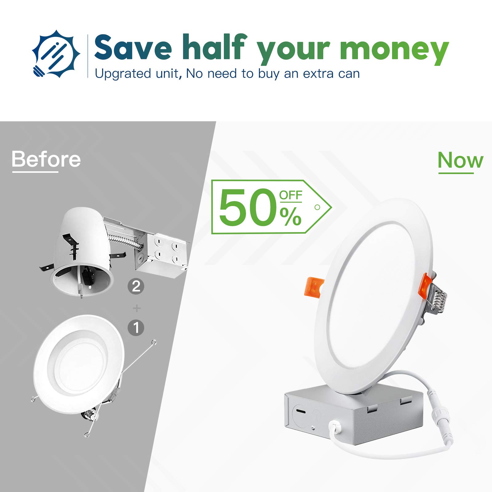 FREELICHT 12 Pack 6 Inch Ultra-Thin LED Recessed Ceiling Light with Junction Box, 12W Eqv 110W, 4000K Cool White Dimmable Can-Killer Downlight, 850LM High Brightness - ETL