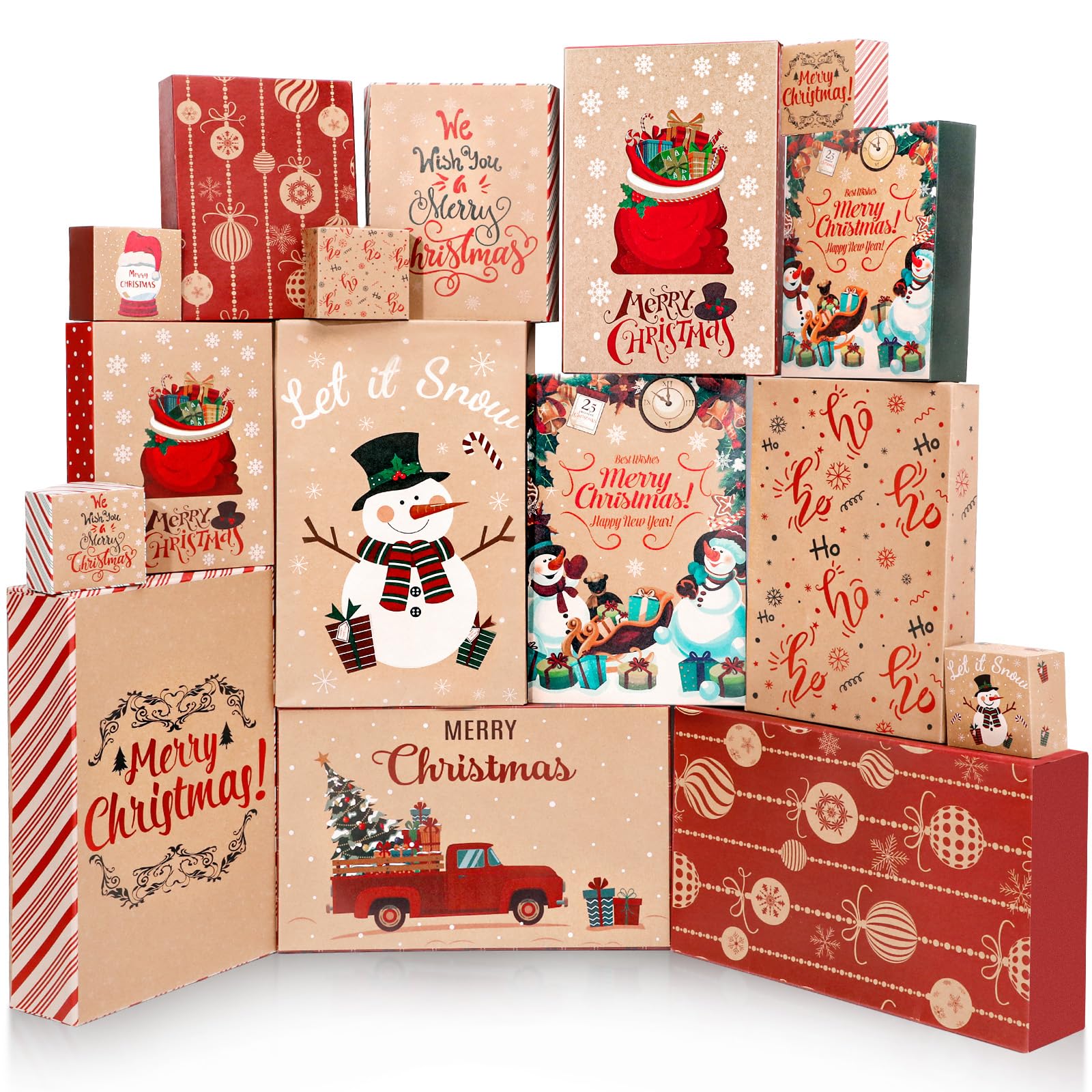 Faccito 16 Pack Christmas Favors Boxes with Lids Assorted Sizes Christmas Favor Wrapping Boxes Decorative Xmas Boxes for Holiday Present Wrapping Decoration (4 Jumbo, 4 Large, 4 Medium, 4 Small)